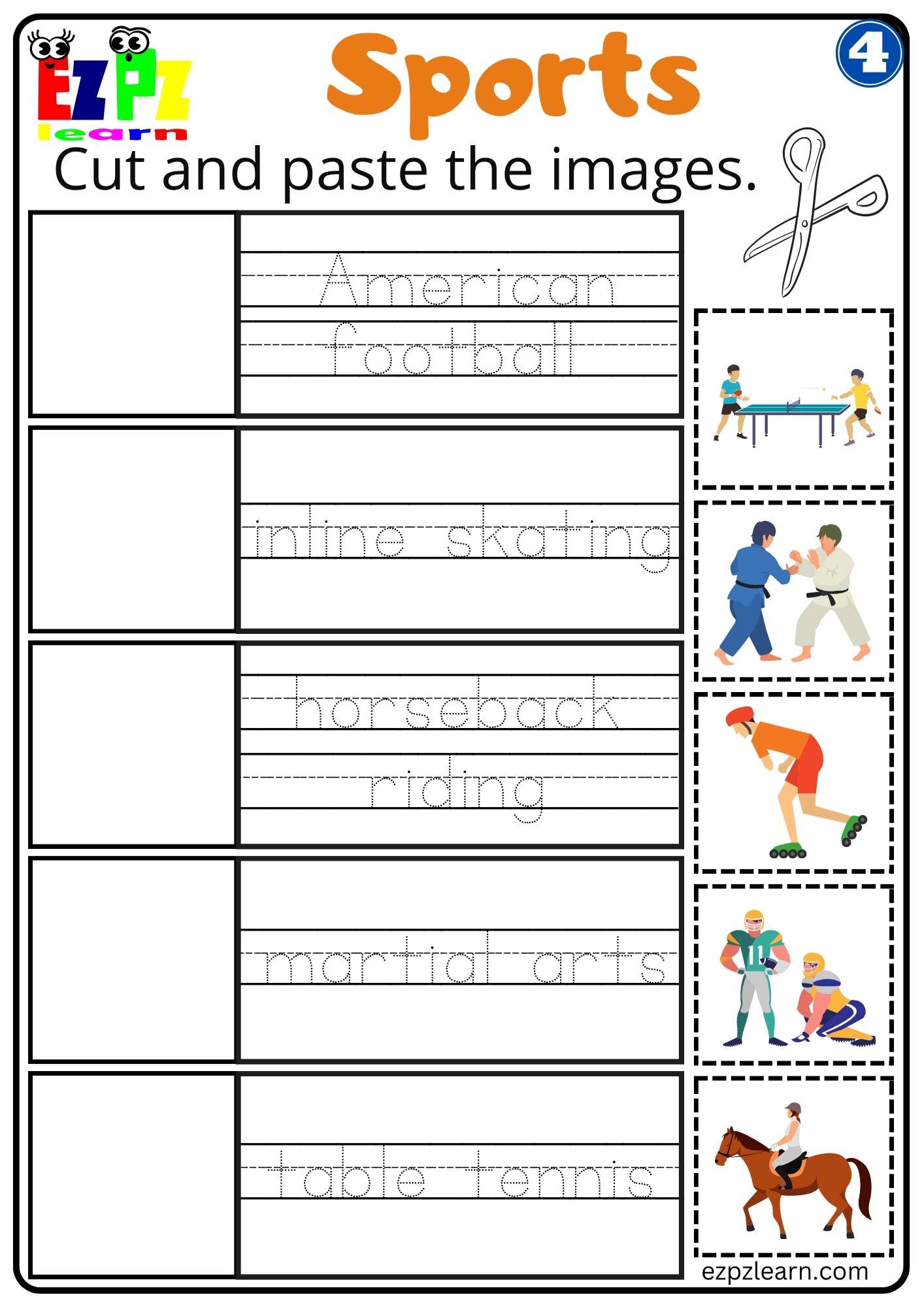Group 4 Sports Cut and Paste Worksheet for K5 and ESL Students PDF Download - Ezpzlearn.com